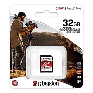 Kingston Canvas React Plus 32GB SD Card | SDHC UHS-II | 300R/260W U3 V90 | Full HD/4K/8K | SDR2/32GB