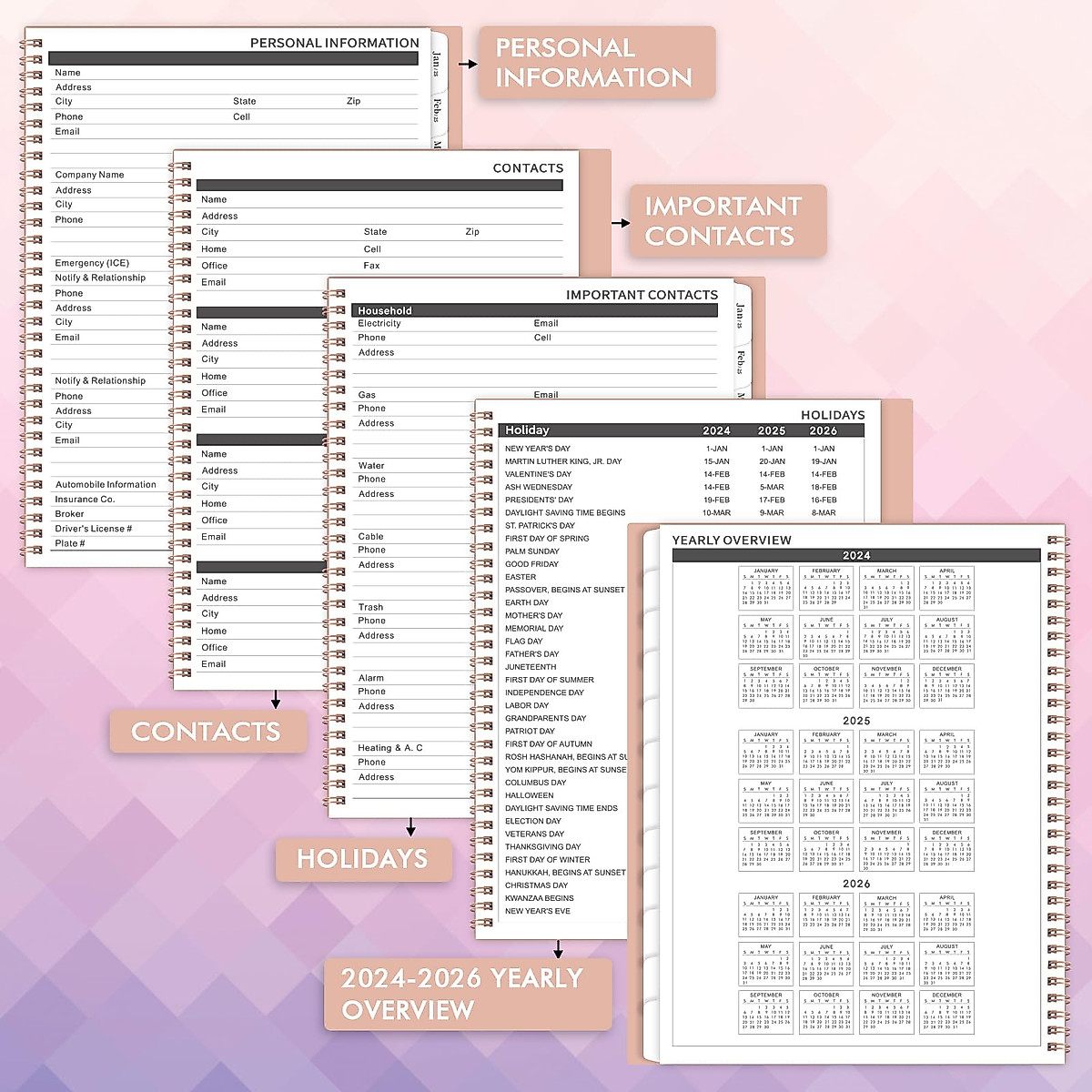 2024-2025 Monthly Planner - Monthly Planner 2024-2025, Jul. 2024 - Dec. 2025, 9" x 11", 18-Month Planner, Tabs & Pocket, Twin-Wire Binding - Rosy Pink