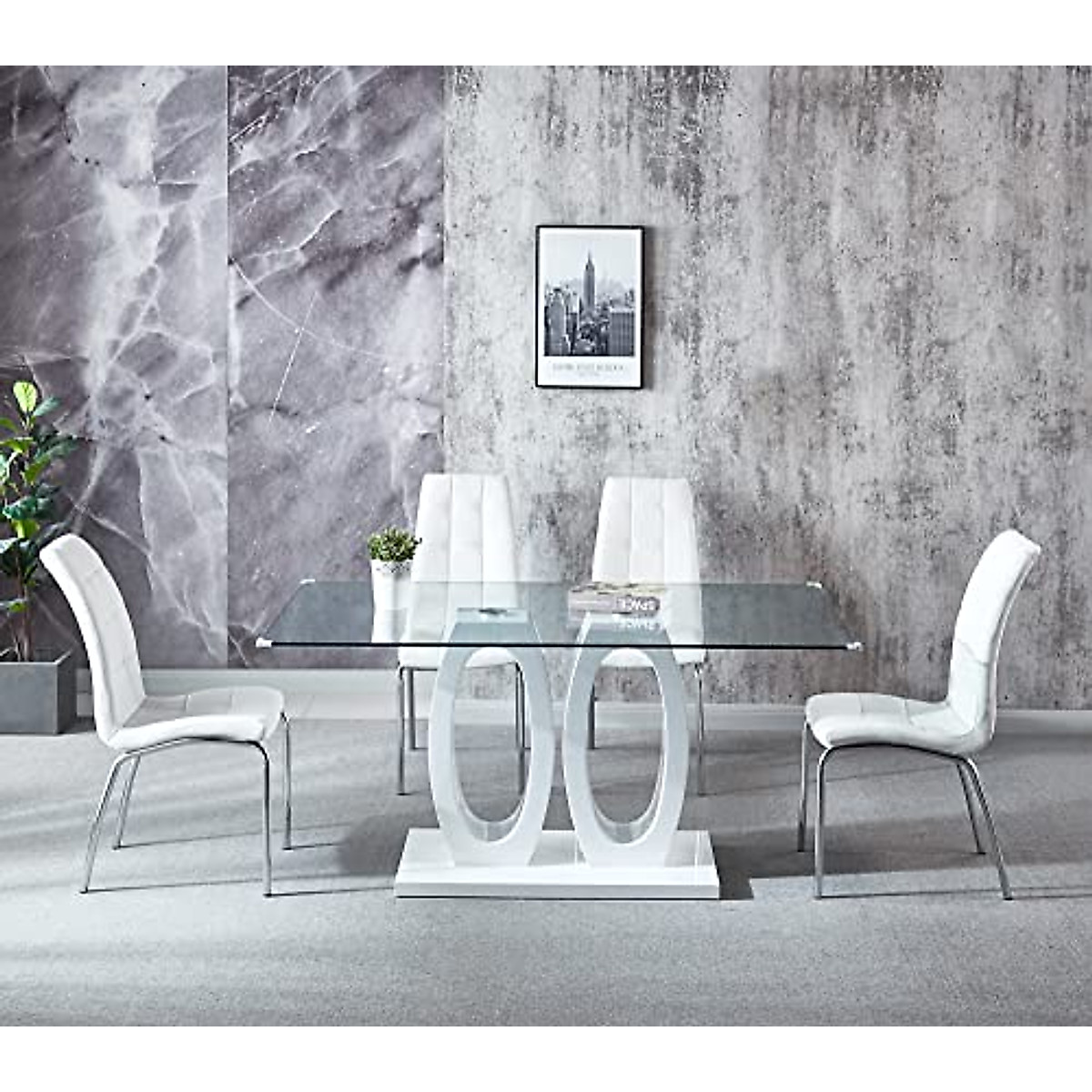 Henf 63" Contemporary Dining Table for 6, Tempered Glass Top Dining Room Table with High-Gloss Double Pedestal, Rectangle Dinner Table Kitchen Table Home Office Meeting Table (White)