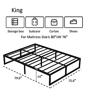 Richwanone 14 inch King Bed Frame Metal Platform Mattress Foundation with Heavy Duty Steel Slat Support, No Box Spring Needed, Easy Assembly, Black