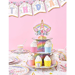 Unicorn Cupcake Stand - Unicorn Birthday Party Decorations for Girls Kids 3-Tier Cardboard Cupcake Stand Dessert Tower Holder Round Serving Tray Stand Unicorn Horn Theme Baby Shower Party Supplies