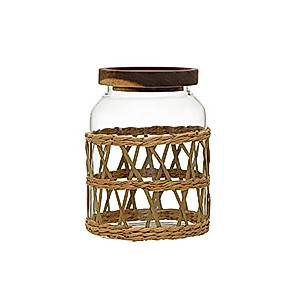 Creative Co-Op Boho Glass Storage Acacia Wood Lid, Natural Canister