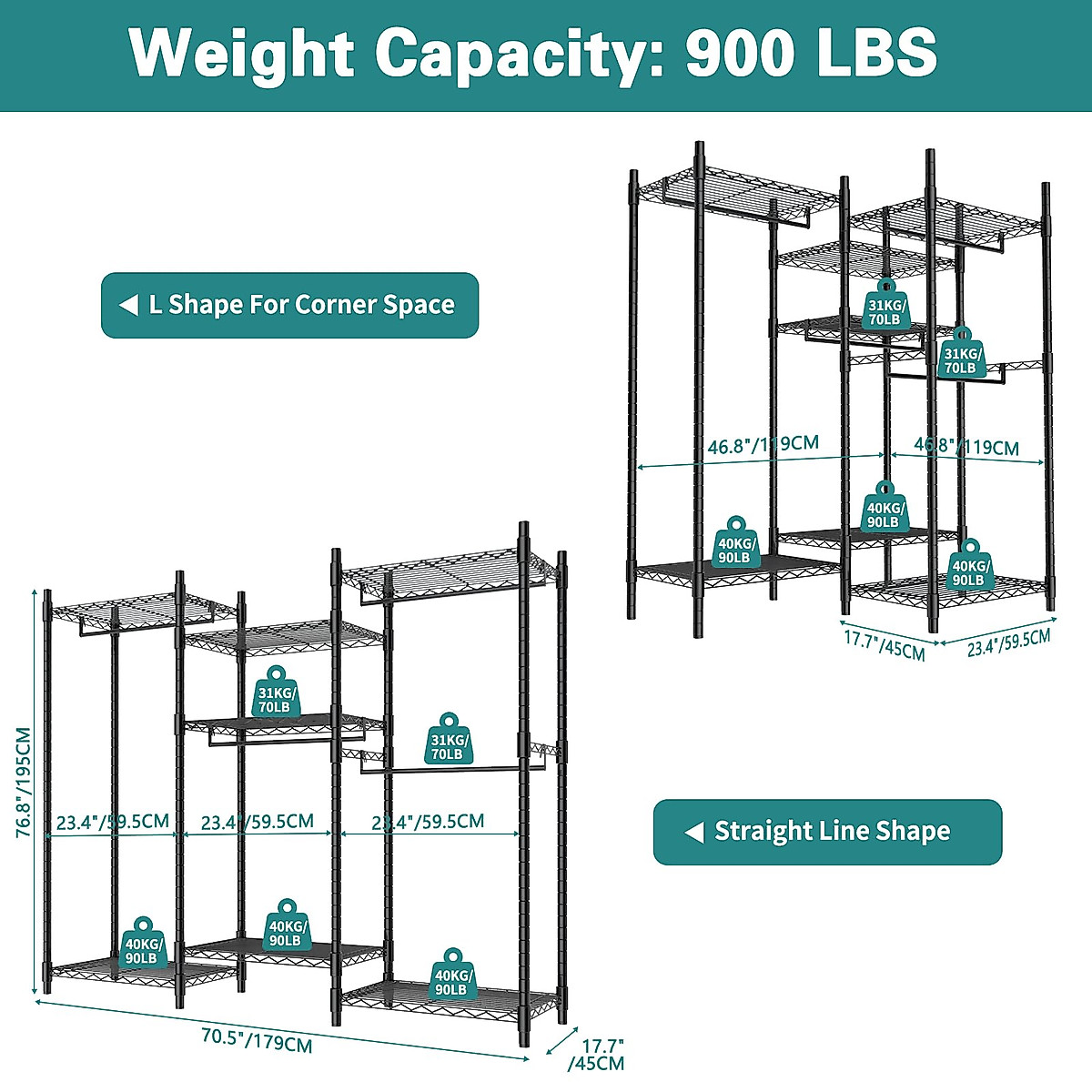 EasyCom Garment Rack, Heavy Duty Clothes Rack with 7 Shelves and 4 Hanger Rods, Closet Organizer System, Closet Clothes Rack, Free Standing Closet, 17.7" D x 70.5" W x 76.8" H, Max Load 900LBS, Black