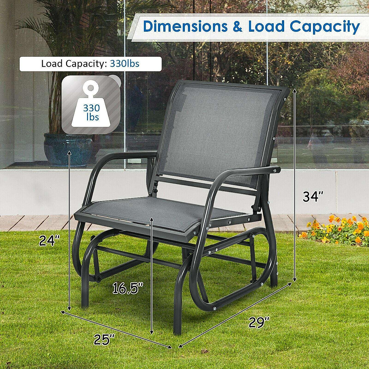 UYSB Outdoor Single Swing Glider Rocking Chair Armrest Garden Porch Backyard Grey Chair Rocking Chair Rocker Chair Rocker Camp Chair Rocker Recliner Rocking Camp Chair Rocking Chairs