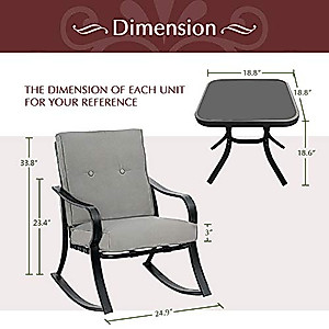 Patiomore Outdoor 3-Piece Rocking Chairs Patio Furniture Bistro Set, Black Metal Chairs and Glass-Top Coffee Table with Thick Cushions, Gray