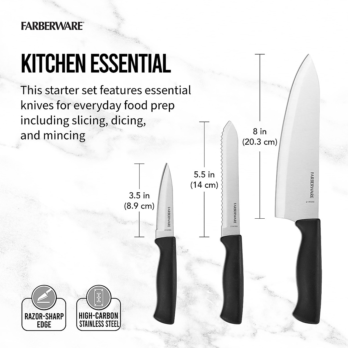 Farberware Stainless Steel Chef Knife Set, 3 Piece, Black