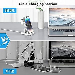 Bauhoo Charger Station for Apple Multiple Devices, 3 in 1 Fast Wireless Charging Dock Stand Watch 8 7 6 SE 5 4 2 iPhone 14 13 12 11 Pro X Max XS XR Plus 6s AirPods with Adapter, White (Z12)