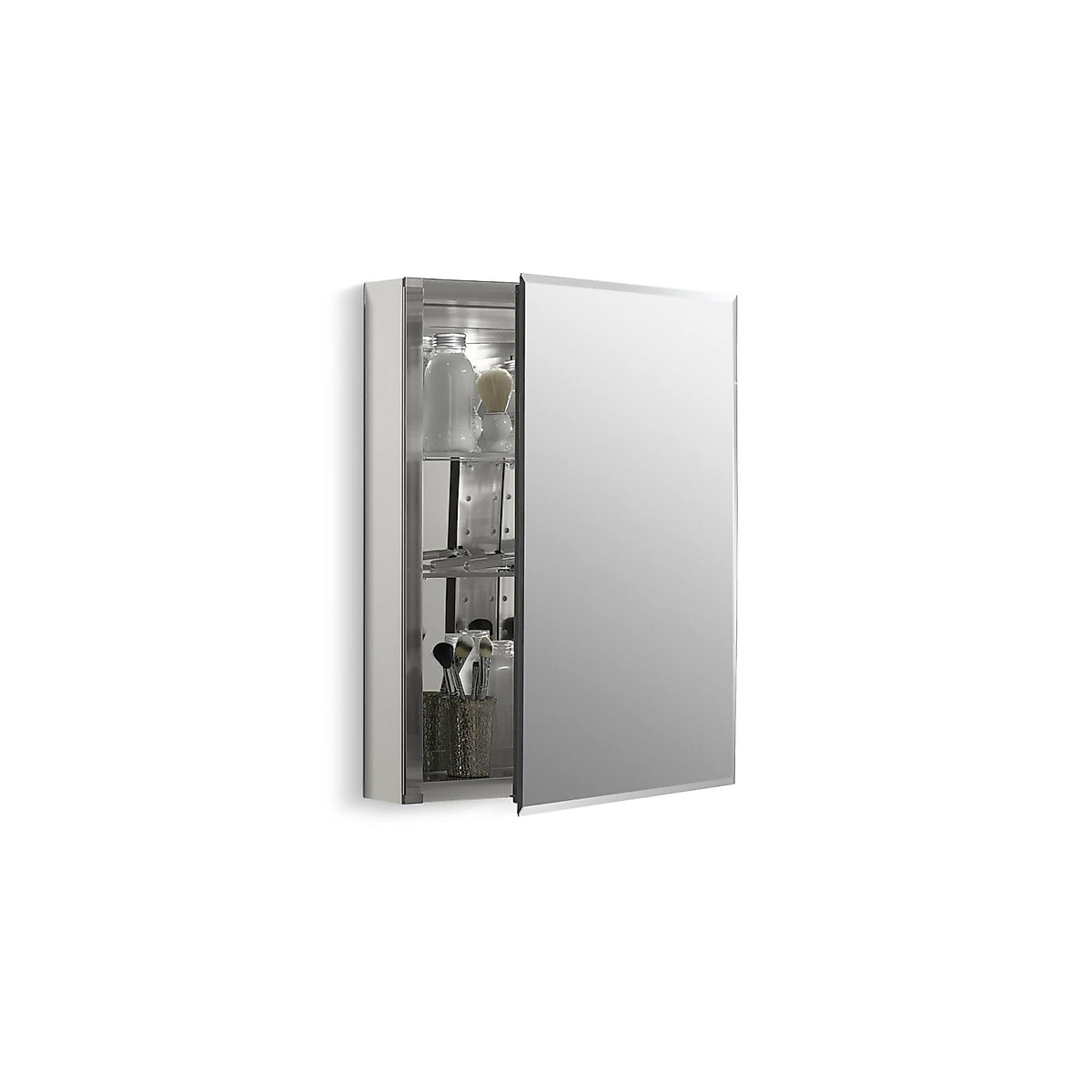 KOHLER CLC Flat, Single Medicine Cabinet with Mirrored Door, 20” Width x 26” Height, Aluminum, Frameless with Beveled Edges, One Size, Silver