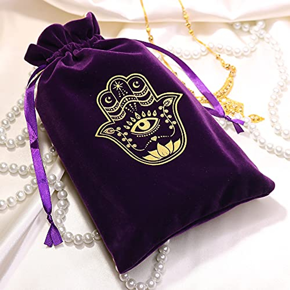 ARTSY CRAFTS 6x9" Hamsa Hand Purple Velvet Jewelry Pouch Gift Bags, Fatima Hand Evil Eye Velvet Drawstring Bags, Tarot Rune bag, Dice Bag, Travel Bags (Eggplant Purple)