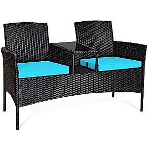 COSTWAY 2-Seat Patio Conversation Sets, Outdoor Patio Loveseat Set with Removable Cushions & Built-in Coffee Table for Backyard, Garden, Lawn, Balcony, Black+Turquoise