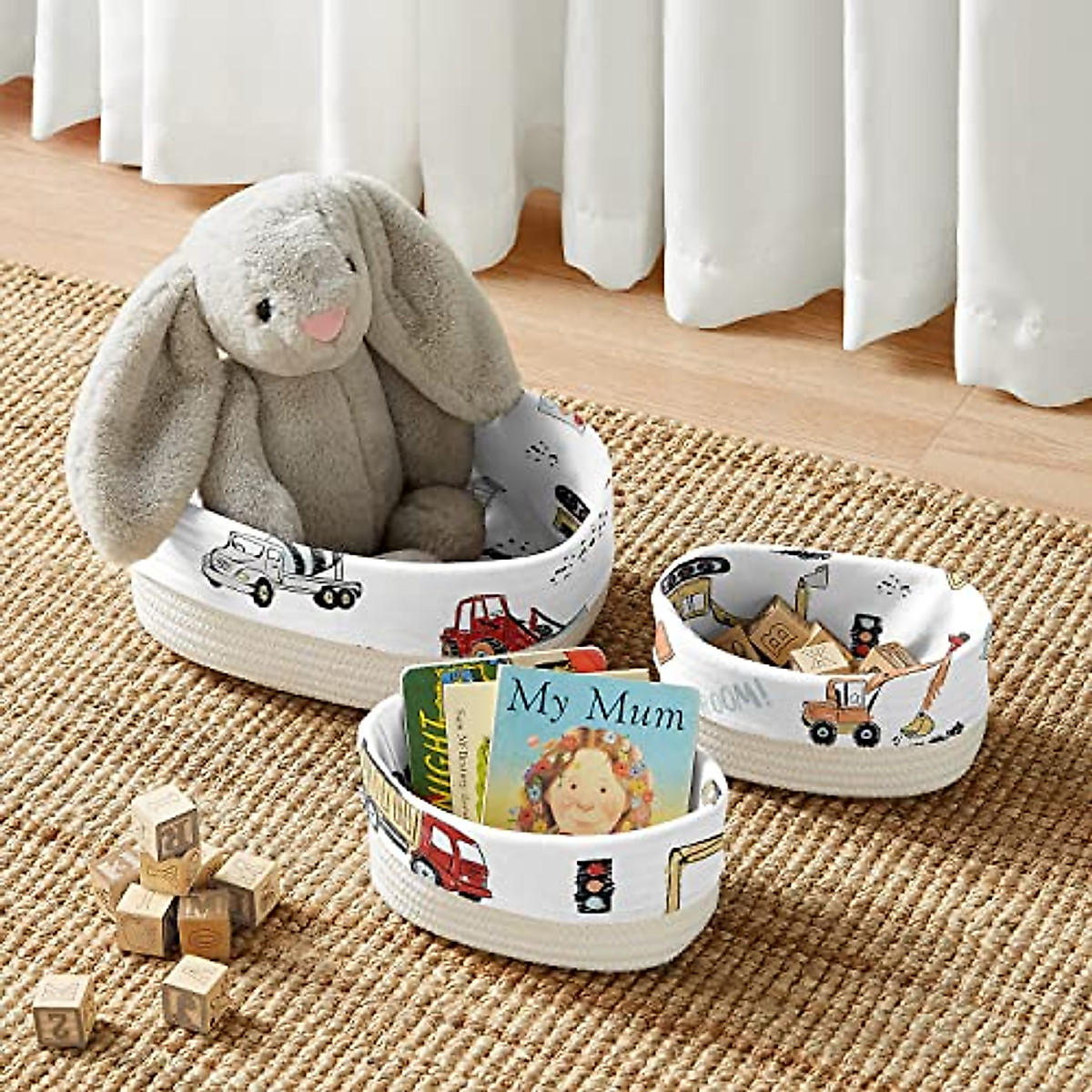 Sweet Jojo Designs Red Blue Construction Truck Boy Woven Storage Basket Set 3pc Cotton Rope Diaper Bins Baby Nursery Kids Closet Drawer Organizer Liner Transportation Bulldozer Grey Black and White