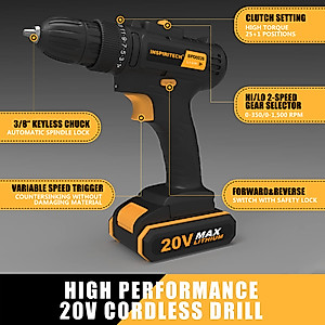 INSPIRITECH 20V Cordless Drill, Power Drill Set with 2 Batteries and Charger,3/8-Inch Chuck Electric Drill Kit with 24-Torque Setting, Drill Driver Bits and Tool Bag Included