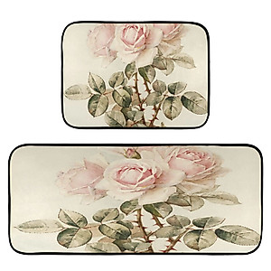 Vintage Rose Kitchen Mat Set of 2 Kitchen Runner Rug Doormat Carpet for Bathroom Home Decor, Vintage Shabby Chic Pink Rose Floral,PK091