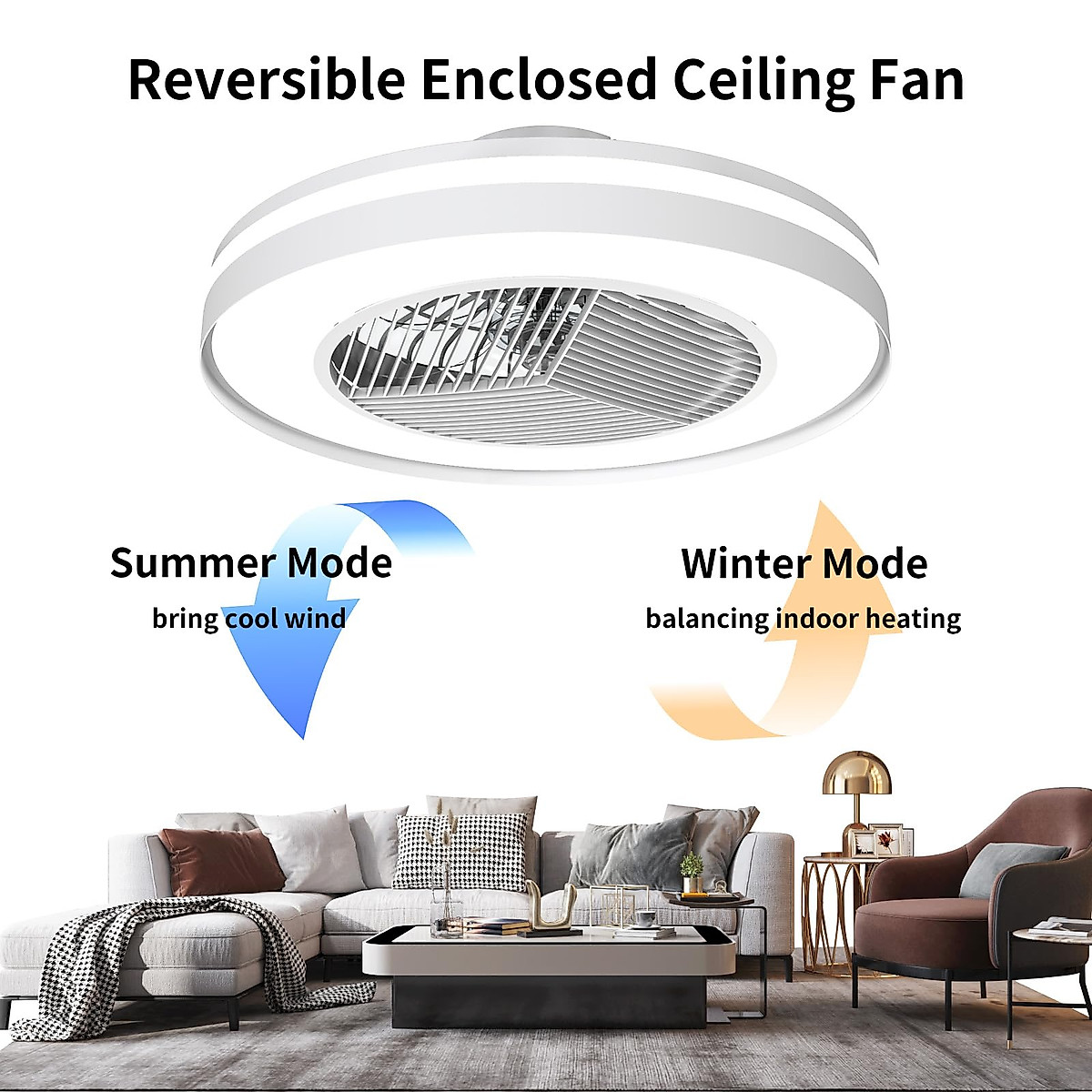 Ceiling Fan with Lights Remote Control,Dimmable Fan Lighting, 20'' Enclosed Bladeless Fan, Semi Flush Mount,2.4GHz Wi-Fi Bluetooth & App Controlled Works with Alexa and Google Assistant (Matte White)