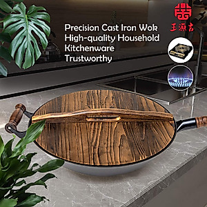 WANGYUANJI Cast Iron Wok Pan 14.2" Large Wok Stir Fry Pan Flat Bottom Wok with Lid and Wood Handle,Suitable for All Cooktops, Uncoated Craft Wok Healthy Cooking Wok-Practical Gift