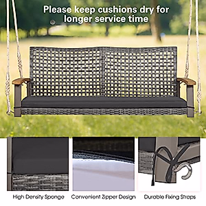 Tangkula 2-Person Outdoor Porch Swing with 118" Hanging Ropes, Patiojoy PE Wicker Patio Hanging Swing Bench with Soft Seat Cushion & 800 Lbs Weight Capacity, Suitable for Patio, Garden (Black)