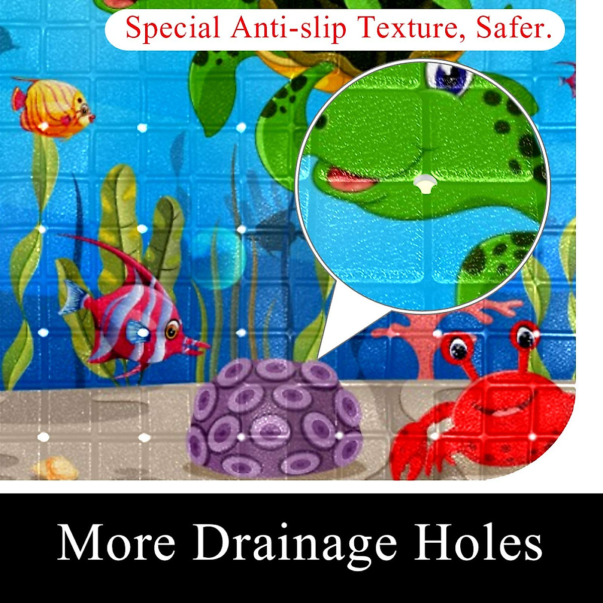 Shower Bath Mat (14.7x26.9 in) Cartoon Turtle Underwater Massage Textured Rectangle for Bathroom Showers, Tub