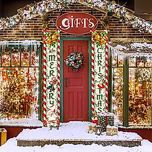 Christmas Porch Sign Decorations | Vintage Christmas Elf Hanging Banner with Santa Claus | Retro Merry Christmas Front Door Decor for Xmas Holiday Party Outdoor Indoor Yard Home