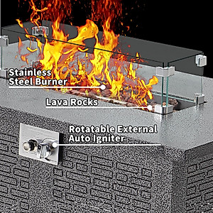 Essential Lounger 42 Inch Fire Pit Table, 50,000 BTU Rectangle Propane Gas Fire Pit, Outdoor Fire Pit Dining Table with Lid,Glass Wind Guard,Waterproof Cover,Lava Rocks - Steel