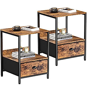 Furologee Set of 2 Nightstand with Drawer, End Table with Storage Shelf, Industrial Side Sofa Table, Bedside Accent Furniture Metal Frame Easy Assembly for Living Room/Bedroom/Hallway, Rustic Brown