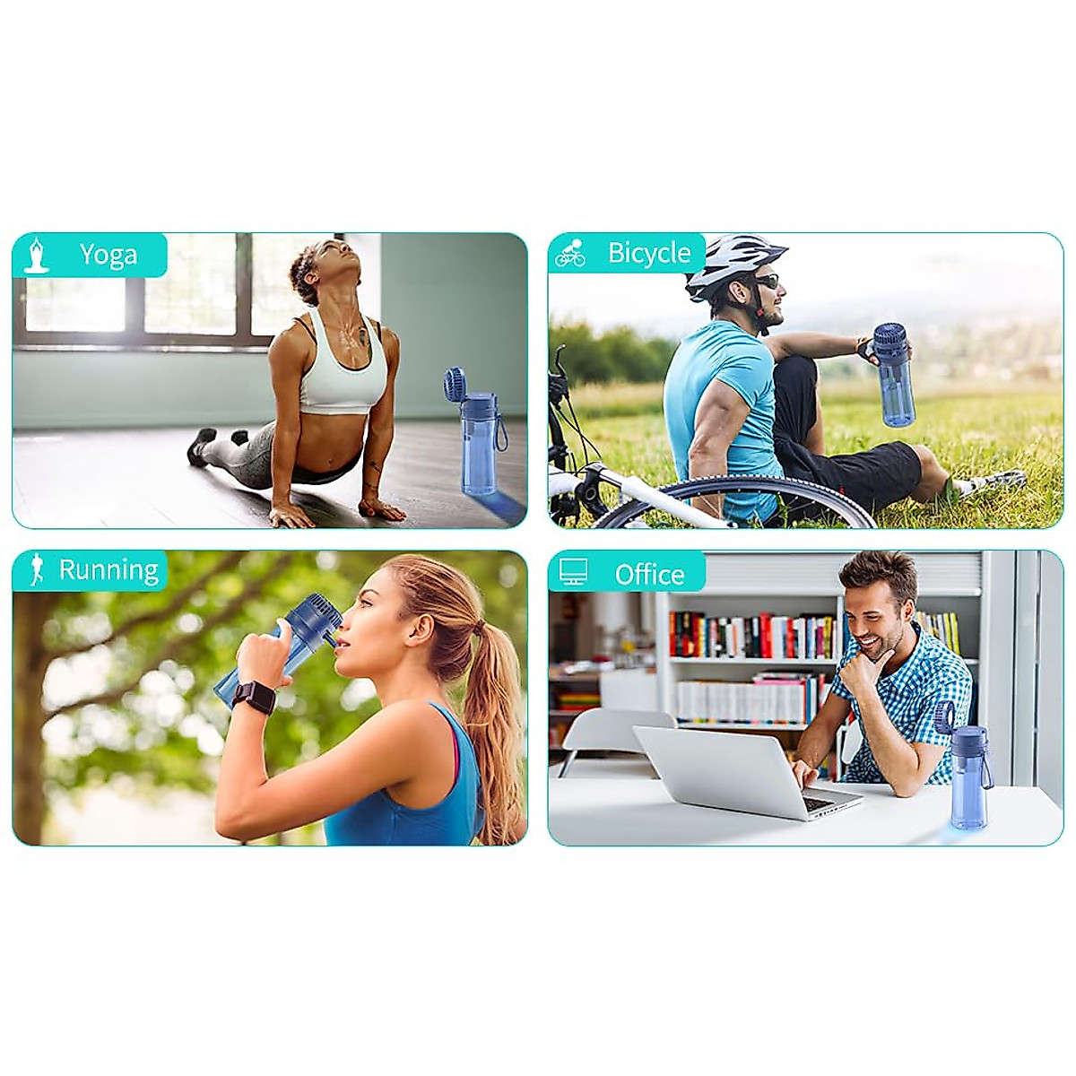 HandFan Bottle - 20 oz, 2 Lids (Straw Lids), Leak Proof - Fitness Water Bottles and Flasks with Cooling Handheld Fan for Men, Women and Children - Valentine's Day Gift for Men or Women - Blue