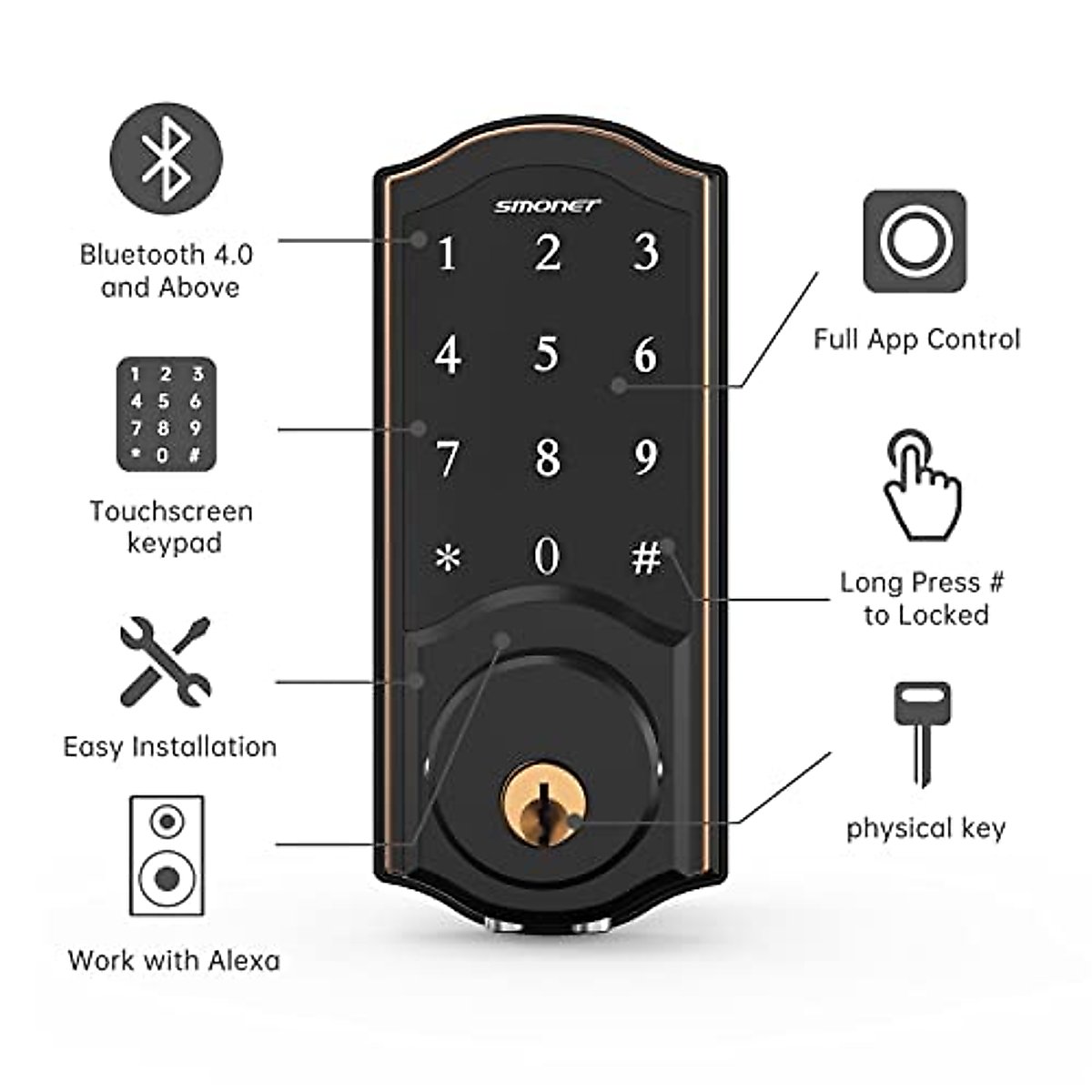 Smart Deadbolt, SMONET Keyless Entry Door Lock with Digital Keypad, Electronic Smart Locks for Front Door Bluetooth Touchscreen Lock Security, Remote Lock with Alexa and Gateway for Residential Home