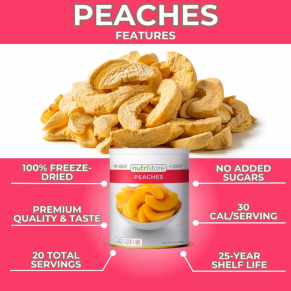 Nutristore Freeze Dried Peaches | 100% Natural, Healthy Fruit Snacks | Bulk #10 Can | Premium Quality & Crispy Fresh Taste | Emergency Survival Food Supply | 24 Servings | 25 Year Shelf Life