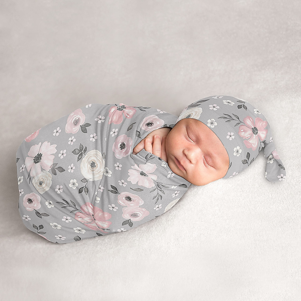 Sweet Jojo Designs Grey Watercolor Floral Baby Girl Cocoon Beanie Hat Set Jersey Stretch Knit Sleeping Bag Infant Newborn Nursery Sleep Wrap Sack - Blush Pink Gray Shabby Chic Rose Flower Farmhouse