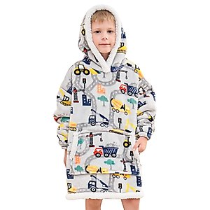 Wearable Blanket Hoodie for Kids, Super Warm and Soft Sherpa Flannel Sweatshirt Blanket with Giant Pocket, Hooded Blanket for 2-6 Year Old Boys Gifts, Construction Truck