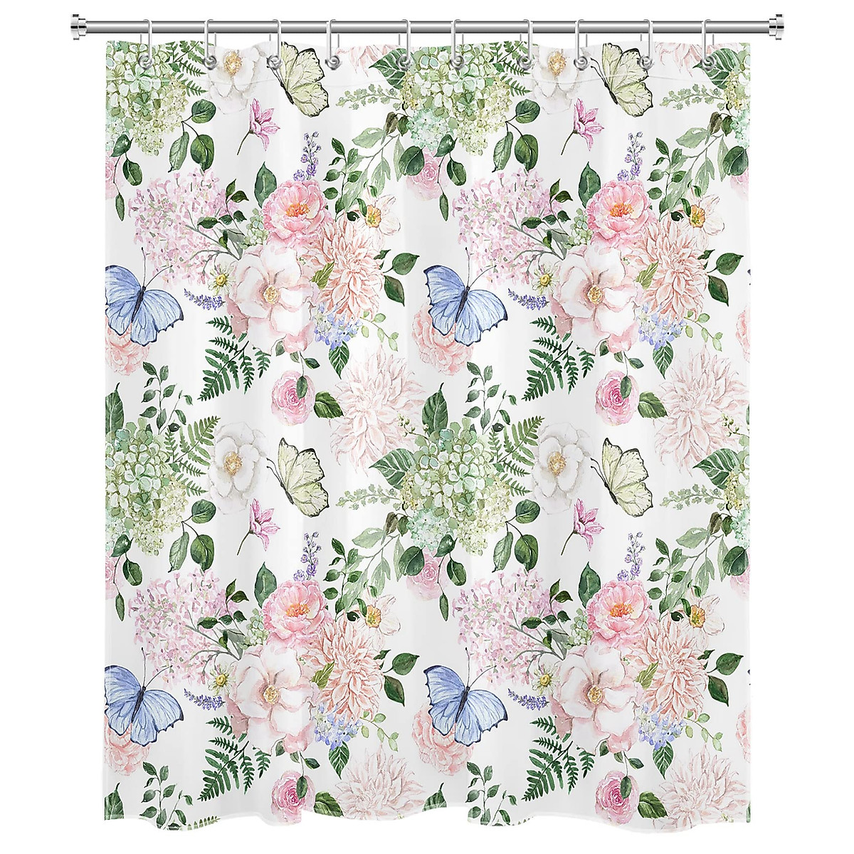 LB Pink Floral Shower Curtain for Bathroom, Blue and Green Butterfly with Leaf on White Fabric Shower Curtain with Hooks, Country Nature Botanical Bathroom Curtain Shower Set, 60" W x 72" L