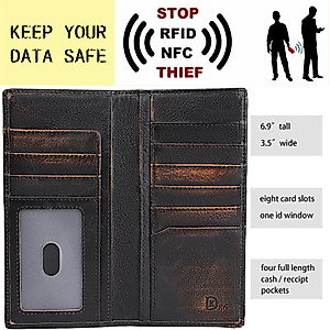 DK86 Deer Long Wallet For Men Full Grain Leather with Hand Burnished Rfid Blocking Rodeo Wallet Bifold Wallet Deer Wallet, Black and Orange