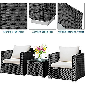 COSTWAY 3 PCS Patio Wicker Furniture Set Conversation Rattan Sofa Set w/Cushion Garden White