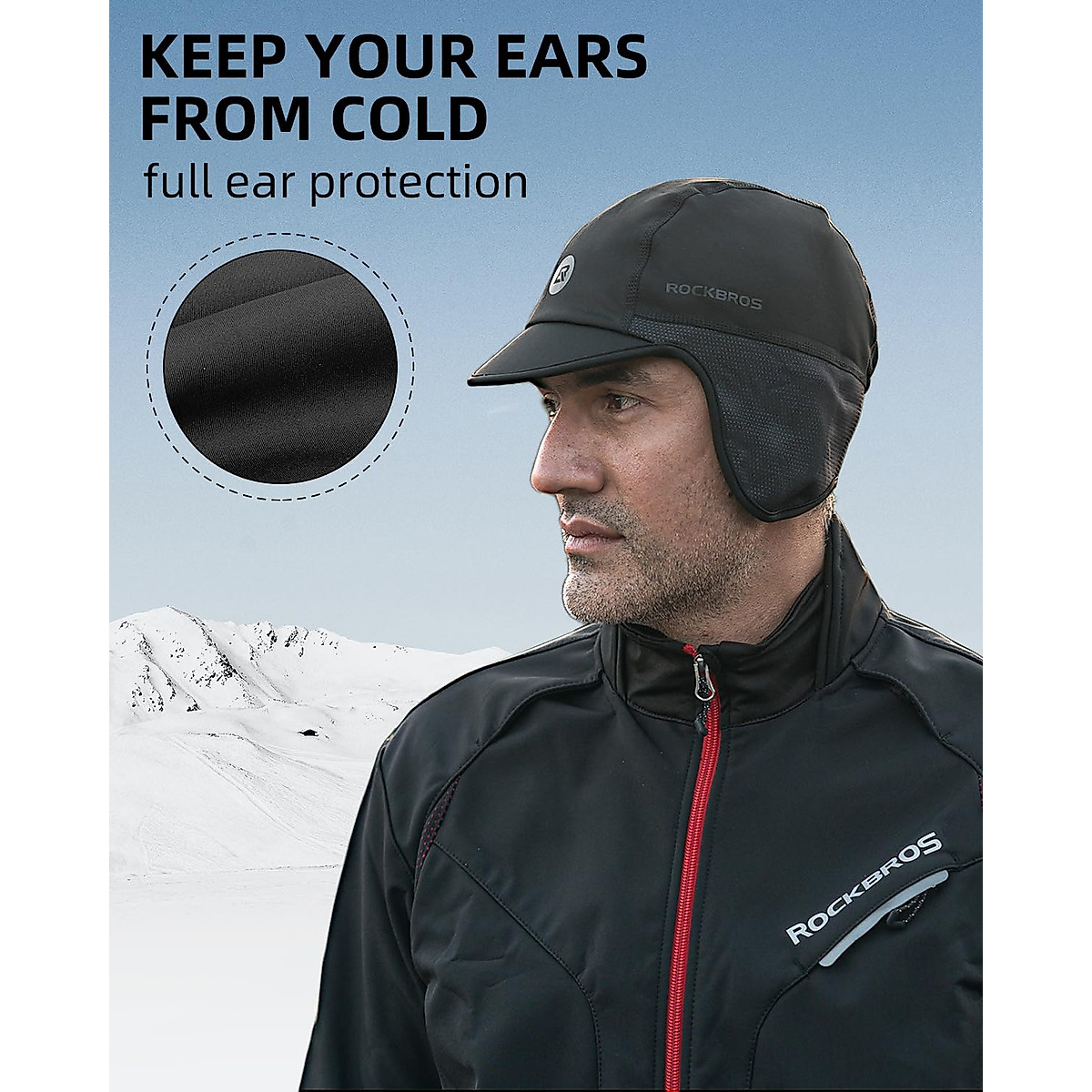 ROCKBROS Winter Cycling Caps for Men Women Windproof Cycling Hat with Sun Visor Under Helmet Liner Black