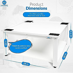 EZ Laundry | Upgraded 28” Universal Pedestal – 700lbs Capacity, Raises 16” with Built-in Drain Pan + Hose, Adjustable Feet, Anti-Vibration & Storage Shelf fits 27" or 28" Washer & Dryer (White)