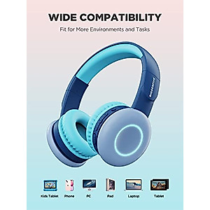 BIGGERFIVE Kids Wireless Bluetooth Headphones with 7 Colorful LED Lights, 50H Playtime, Microphone, 85dB/94dB Volume Limited, Foldable On Ear Headphones for School/Girls/Boys/iPad/Fire Tablet, Blue