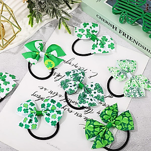 Whaline 12Pcs St. Patrick's Day Bow Hair Ponytail Holders Shamrock Clover Prints Bow Hair Scrunchies Green White Hair Ties Irish Holiday Elastic Hair Bands for Women Girls Teens Hair Accessories