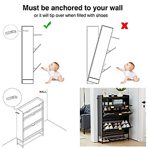 affeivul Hidden Shoe Cabinet for Entryway Slim, Free Standing Narrow Shoe Rack Cabinet Rattan Carving, 2 Flip Drawer Shoe Storage Organizer Cabinet for Closet,Door,Dorm,Garage,Small Spaces - Black