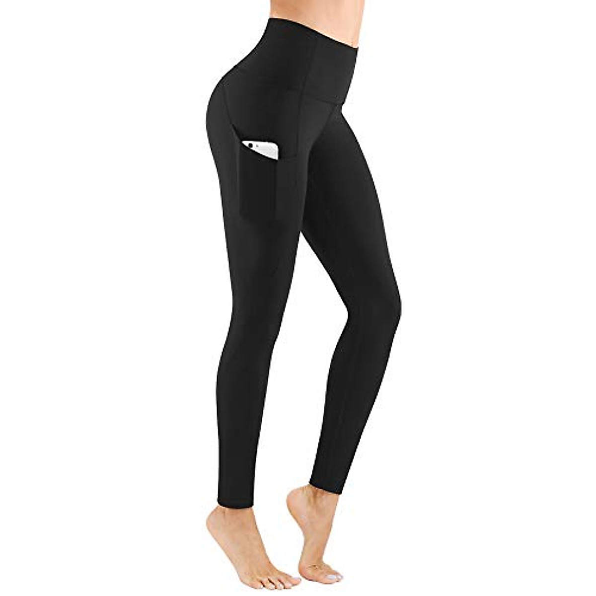 PHISOCKAT High Waist Yoga Pants with Pockets, Tummy Control 4 Way Stretch Women Yoga Leggings with 3 Pockets Black, Medium