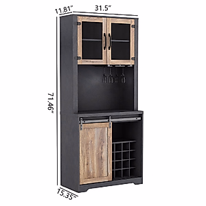 Tiophome Bar Cabinet for Liquor & Glasses, Stemware Holder & Sliding Barn Doors & 7 Storage Shelves & 16-Bottle Wine Rack, Farmhouse Wooden Coffee Sideboard Buffet Tall Freestanding Cabinets Pantry