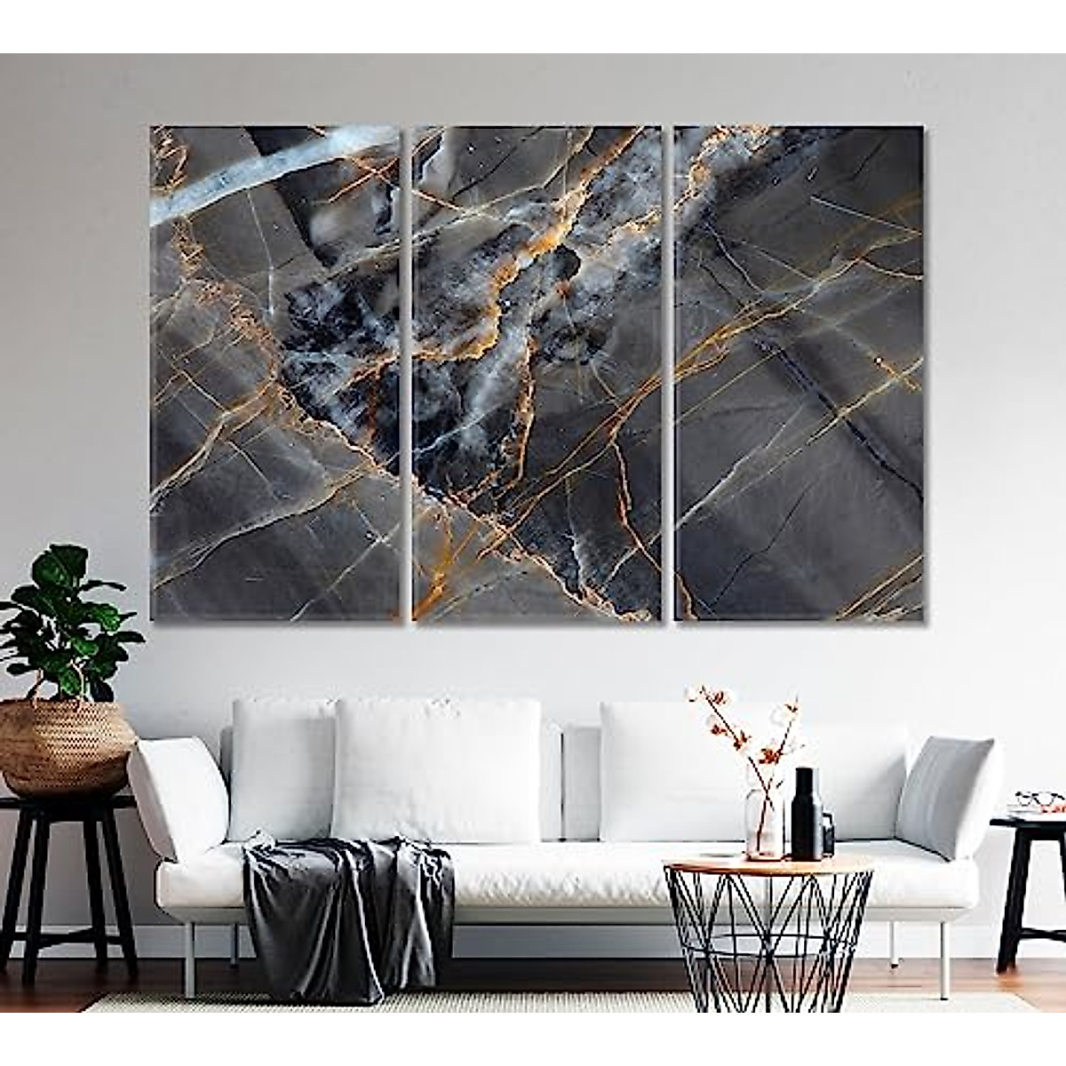 Yellow and Dark Gray Marble Canvas Print 3 Panels / 36x24 inches