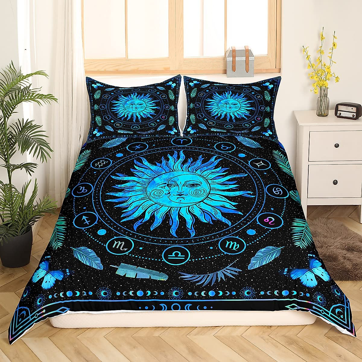 Sun and Moon Comforter Cover Constellations Astrology Bed Sets Moon Phase Duvet Cover King Green Botanical Leaves Bedding Exotic Feather Bedspread Cover with Zipper Closure Black Blue 3 Pieces Cozy