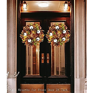 Easy Fine Fall Wreaths for Front Door 24 Inch,Farmhouse Fall Door Wreath Large,Halloween Wreath,Thanksgiving Decorations,Autumn Wreath,Fall Decor with Fall Leaves White Pumpkins Outdoor Outside