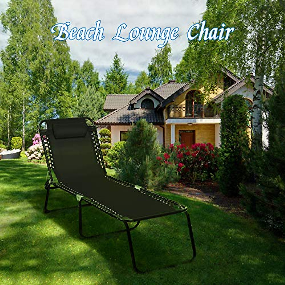 Giantex Outdoor Chaise Lounge Adjustable Sunbathing Seat W/Pillow,4-Level Backrest Portable and Foldable Patio Recliner for Lawn, Beach, Backyard, Gardens, Poolside Lounge Chair (1, Black)