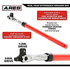 ARES 40007 – 3/8-Inch Drive & 1/2-Inch Drive Dual Head Extendable Red Breaker Bar – 16-Inch to 24-Inch Extendable Length – Easy Use Twist Lock Adjustable Design