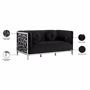 Meridian Furniture Opal Collection Modern | Contemporary Velvet Upholstered Loveseat with Intricate Chrome Stainless Steel Design, Black, 64.5" W x 33.5" D x 30.5" H