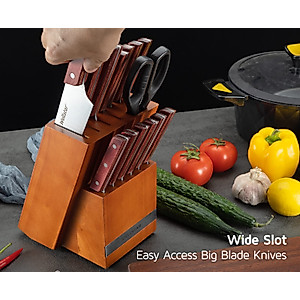 14 Slot Kitchen Knives Block, WELLSTAR Natural Wood Knife Holder without Knives – Hard Wood Countertop Knife Storage – Brown
