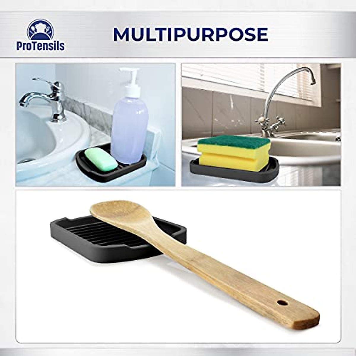 2Pcs ProTensils Silicone Soap Holder, Utensil Rest, Sponge Holders, Kitchen Organizer, Spoon Storage, Non-Slip – Hygienic Kitchen Accessories - Black