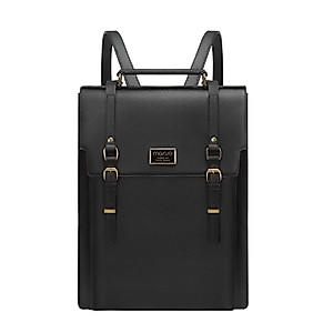 MOSISO Laptop Backpack for Women, 15.6 inch PU Leather Backpack Convertible to Shoulder Bag, Stylish Casual Daypack Bag Work Travel Computer Bag, Black