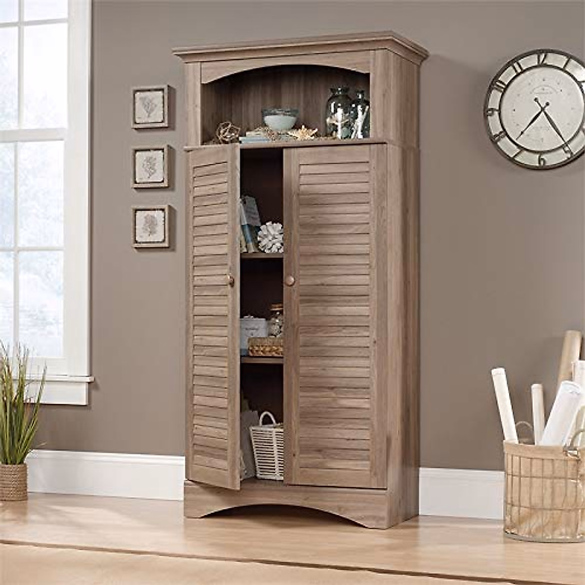 Sauder Harbor View Storage Cabinet, Salt Oak finish