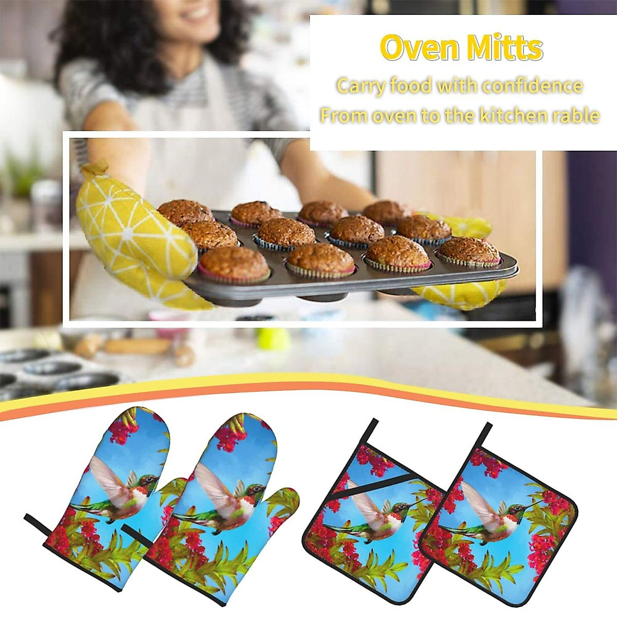 Spring Bird Hummingbird Oven Mitts and Pot Holders Sets 4 Piece Set Heat Resistant Non Slip Oven Mitts for Cooking Baking Grilling